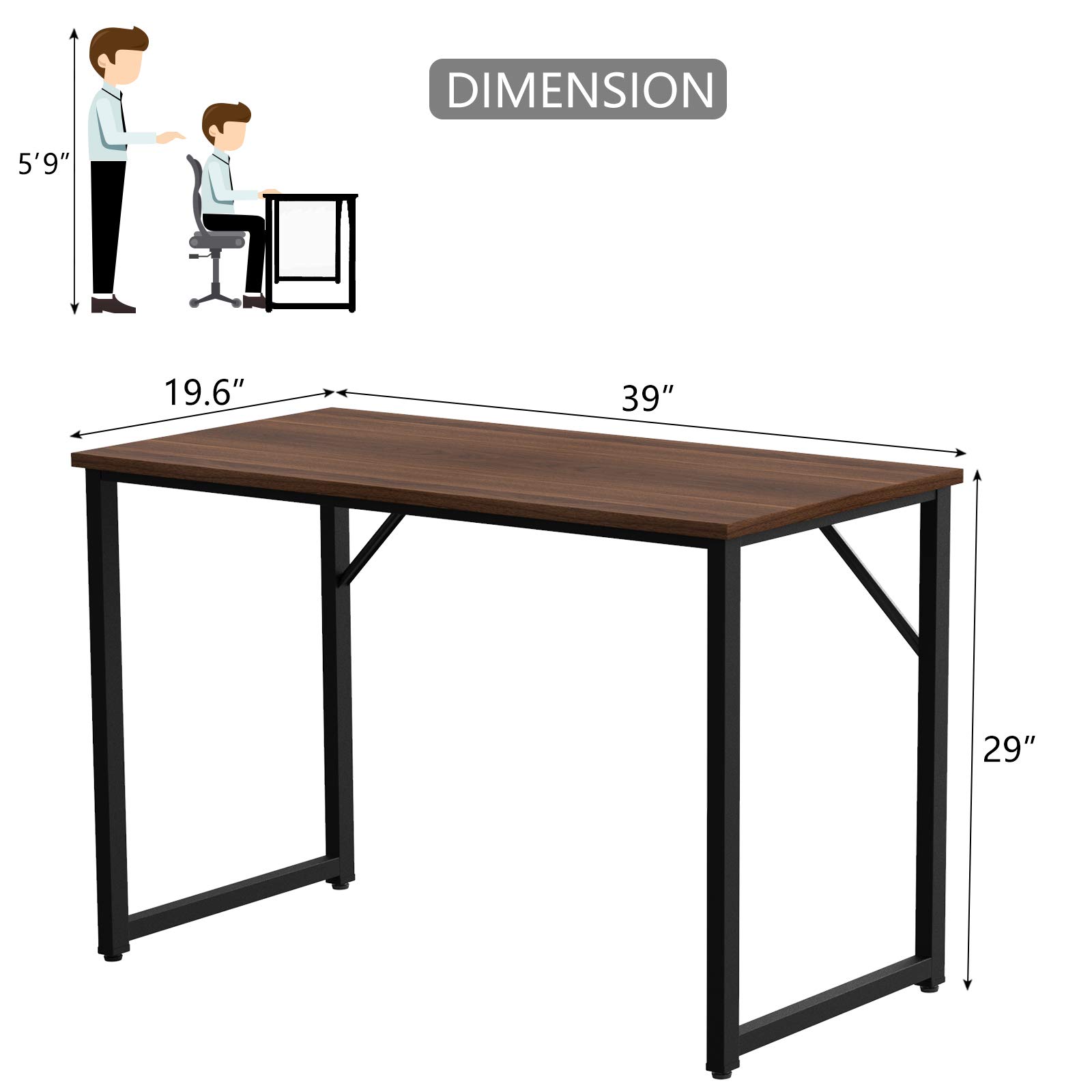 BOSSIN Computer Desk Table 39" Study Writing Table for Home Office,Modern Sturdy Office Desk for Small Spaces,Black and Brown(Brown)