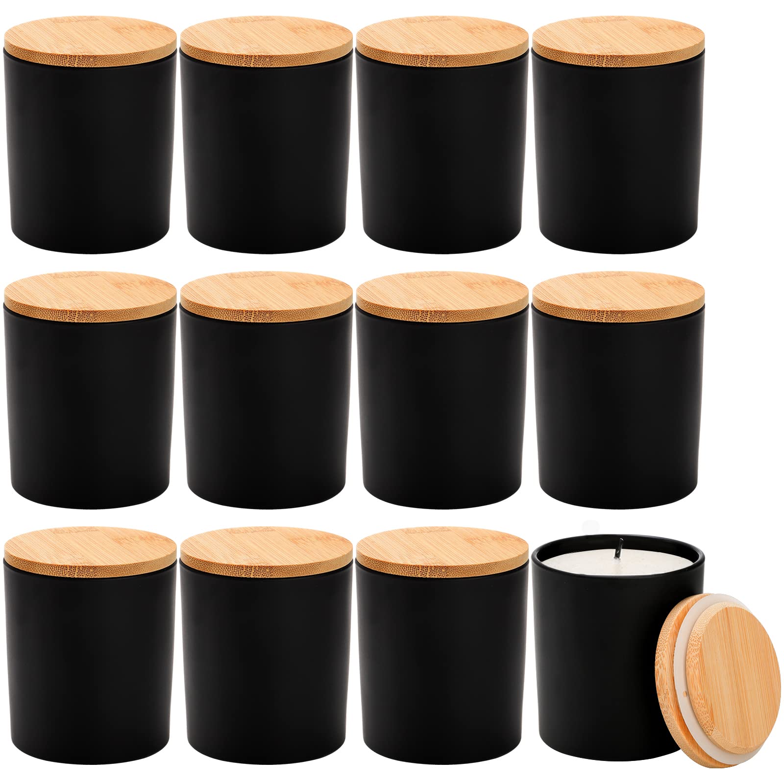 Bekith 12 Pack 10 oz Thick Glass Candle Jars with Airtight Bamboo Lids, Empty Glass Containers Candle Vessels for Making Candles DIY Craft, Dishwasher Safe, Matte Black
