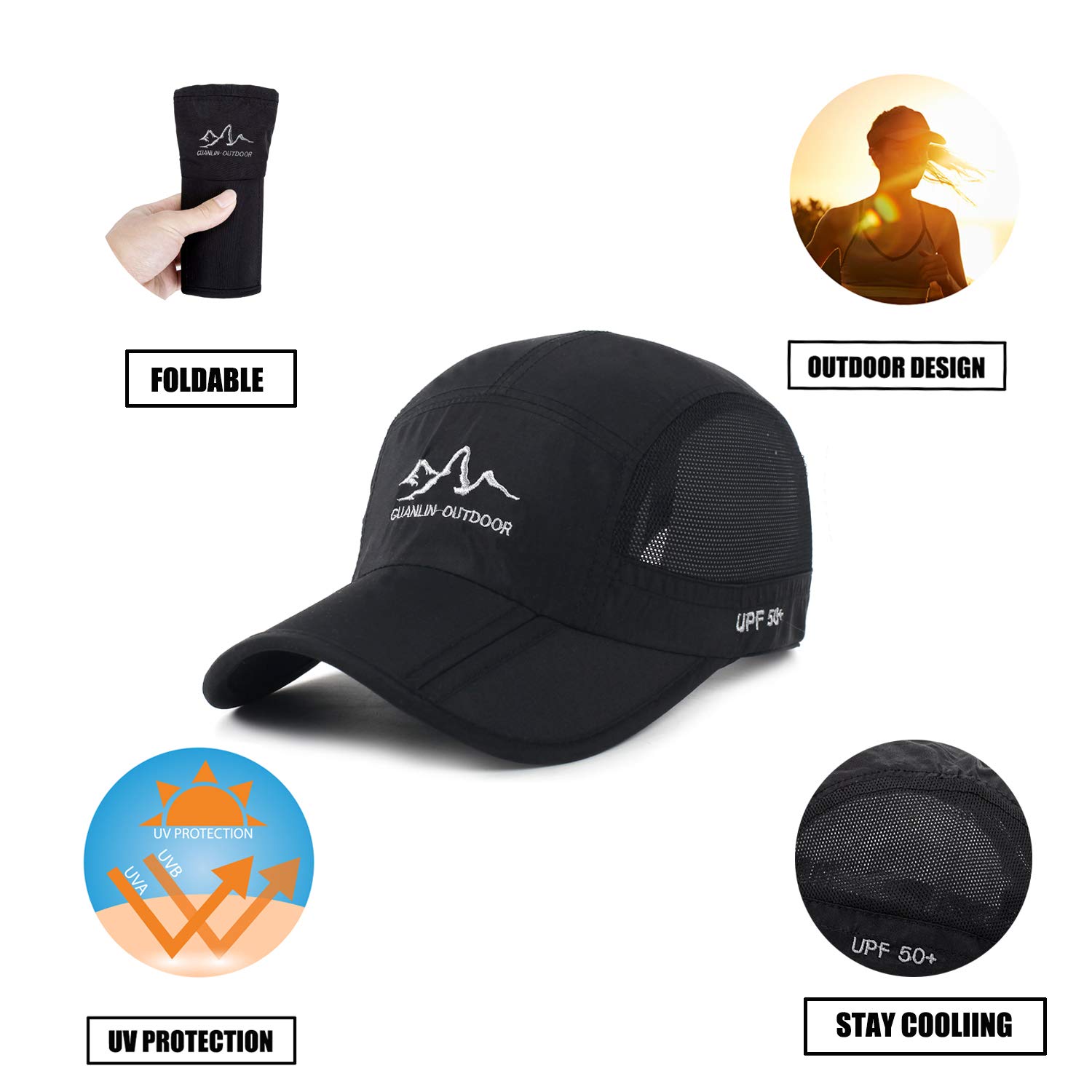 Black Baseball Cap, Trucker Hat Men, Golf Fishing Running Camping Cycling Quick Dry Sport Caps Unisex, Foldable UPF 50+ Sun Protection