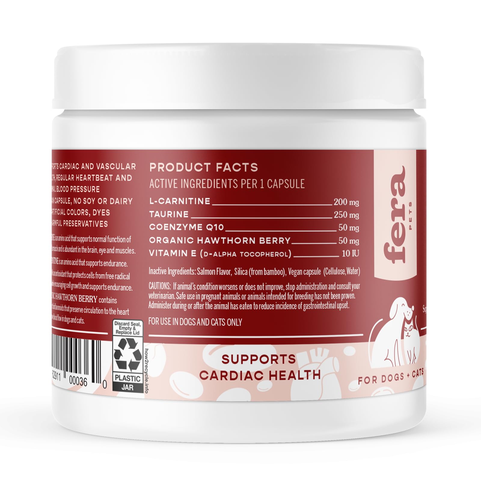 Fera Pets Cardiac Supplement for Dogs & Cats – 60 Capsules – Vet Created -Cardiovascular Function & Strength-Taurine, CoQ10, Organic Hawthorne Berry