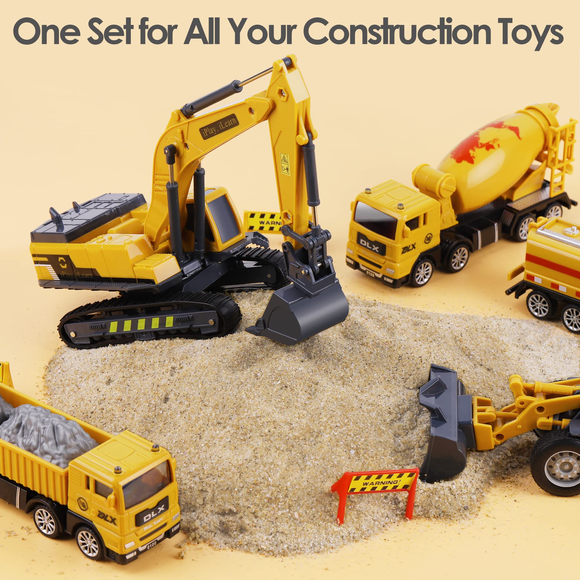 iPlay, iLearn Construction Site Vehicle Toy, Kids Engineering Play Truck Set, Tractor Digger Crane Dump Excavator Cement Steamroller, Birthday Stocking Stuffer Gift 3 4 5 Year Old Toddler Boy Children