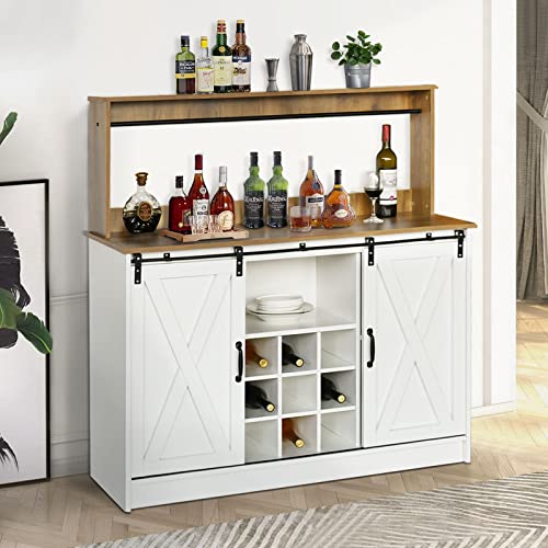 Farmhouse Coffee Wine Bar Cabinet with 6 Hooks, Sliding Barn Door, 47ββ Sideboard Buffet Cabinet with Adjustable Shelf for Kitchen, Dining Living Room, White