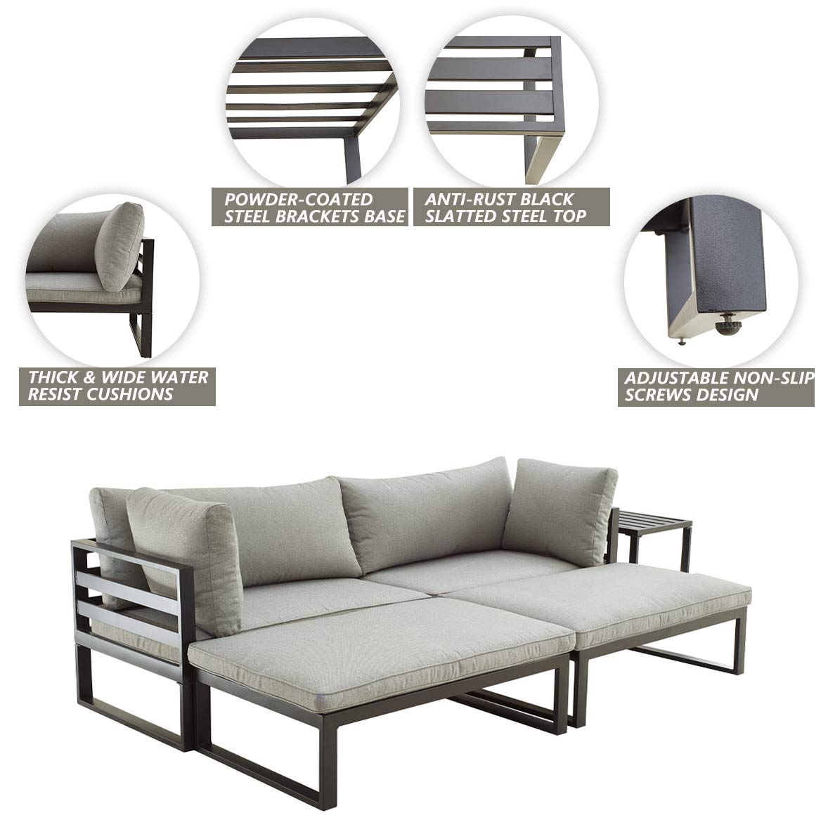 Festival Depot 5 Pieces Patio Furniture Outdoor Conversation Set Metal Corner Sectional Sofa Couch Patio Armrest Chair Cushioned Lounger Dining Coffee Side Table with Ottomans