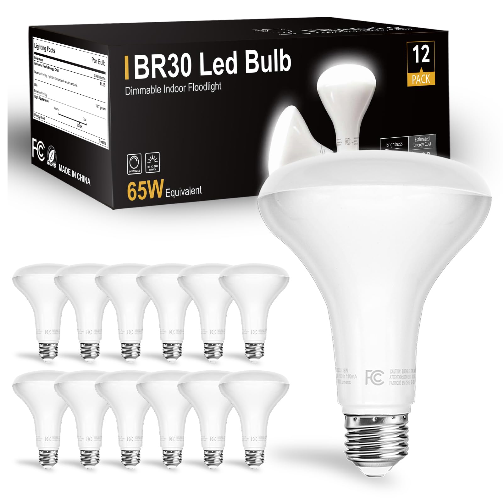 dalattin 12 Pack BR30 LED Bulbs 65W Equivalent, Dimmable Indoor Flood Lights 5000K Daylight White, 9W, 800 Lumens, E26 Base, LED Recessed Light Bulb for Living Room, Bedroom, Bathroom, Kitchen