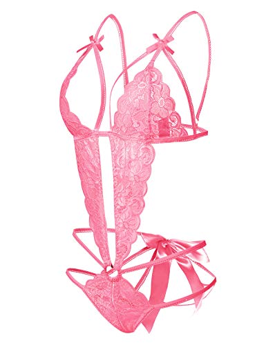 Donnalla Women's Deep V Lace Teddy One Piece Lingerie Cutout Strappy Lingerie, Pink, Medium