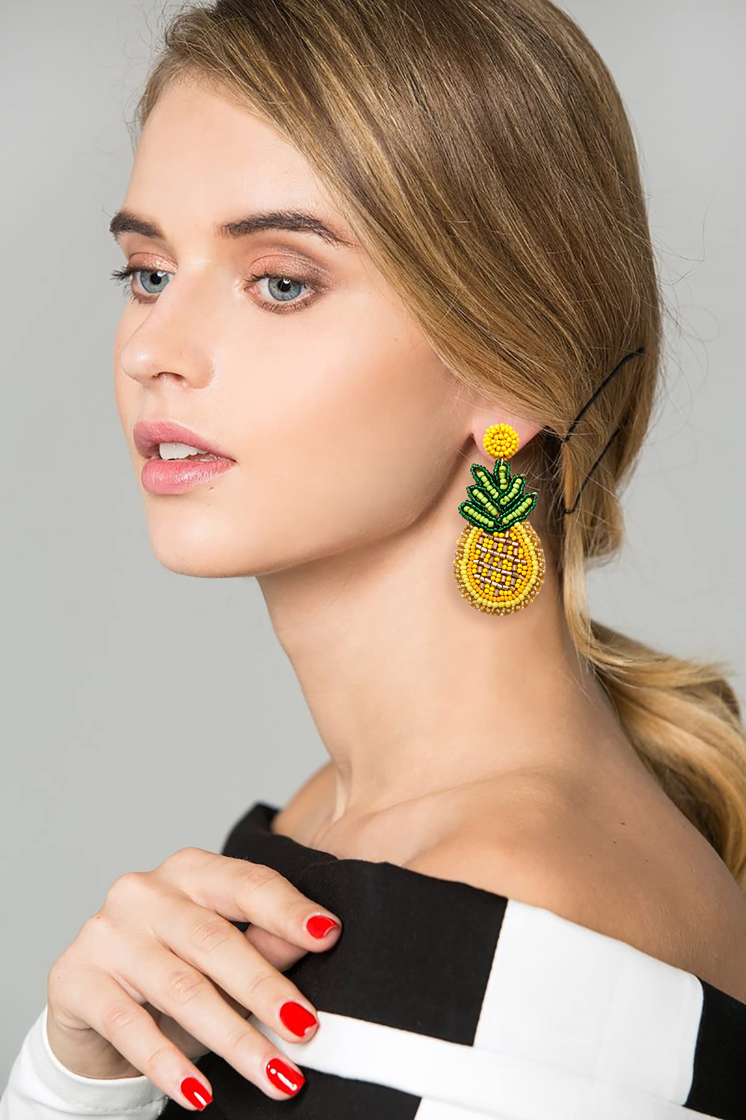 Beaded Dangle Earrings Handmade Bead Avocado Pineapple Watermelon Earrings Bohemia Statement Fruit Drop Earrings Summer Beach Jewelry Gifts (A Yellow Pineapple)