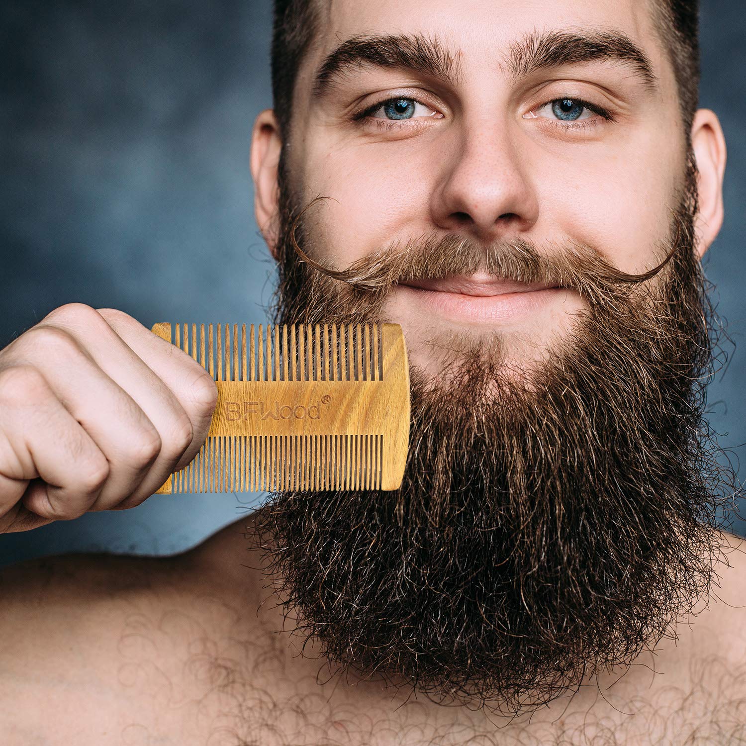 BFWood Beard Brush and Comb Set - Walnut Round Beard Brush & Sandalwood Beard Comb