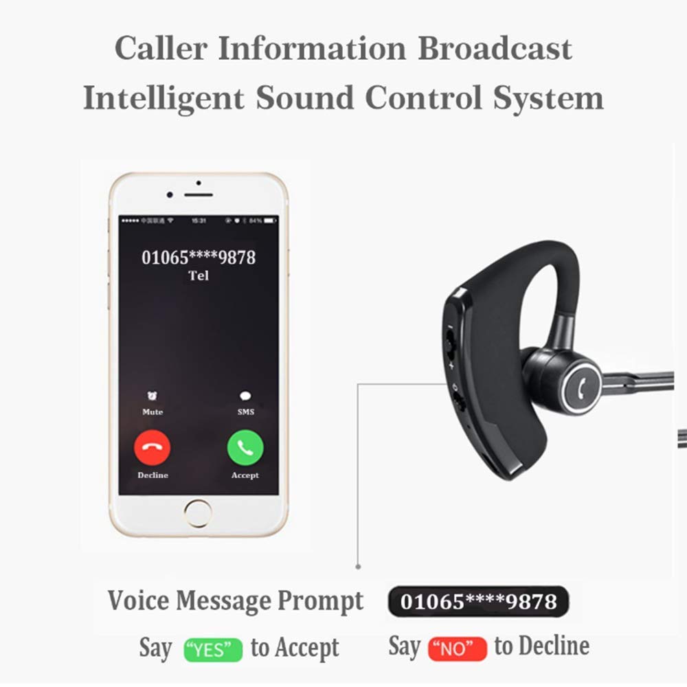 Bluetooth Headset Bluetooth Earpiece Business Headphones Ear Hooks HD Stereo Noise Cancelling in-Ear Earbuds with Mic and Voice Control for Business/Office/Driving Call