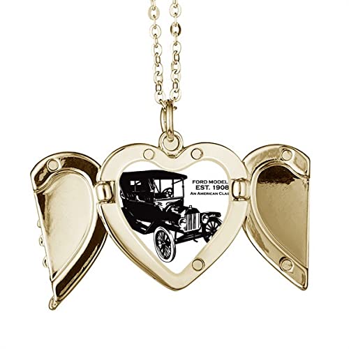 Black Classic Cars Mechanical Pattern Folded Wings Peach Heart Pendant Necklace
