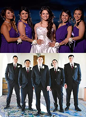 FAYBOX Wedding Prom Velvet Rose Rhinestone Corsage and Boutonniere Set With Silvery Ribbon Stretch Bracelet (Ivory*2)