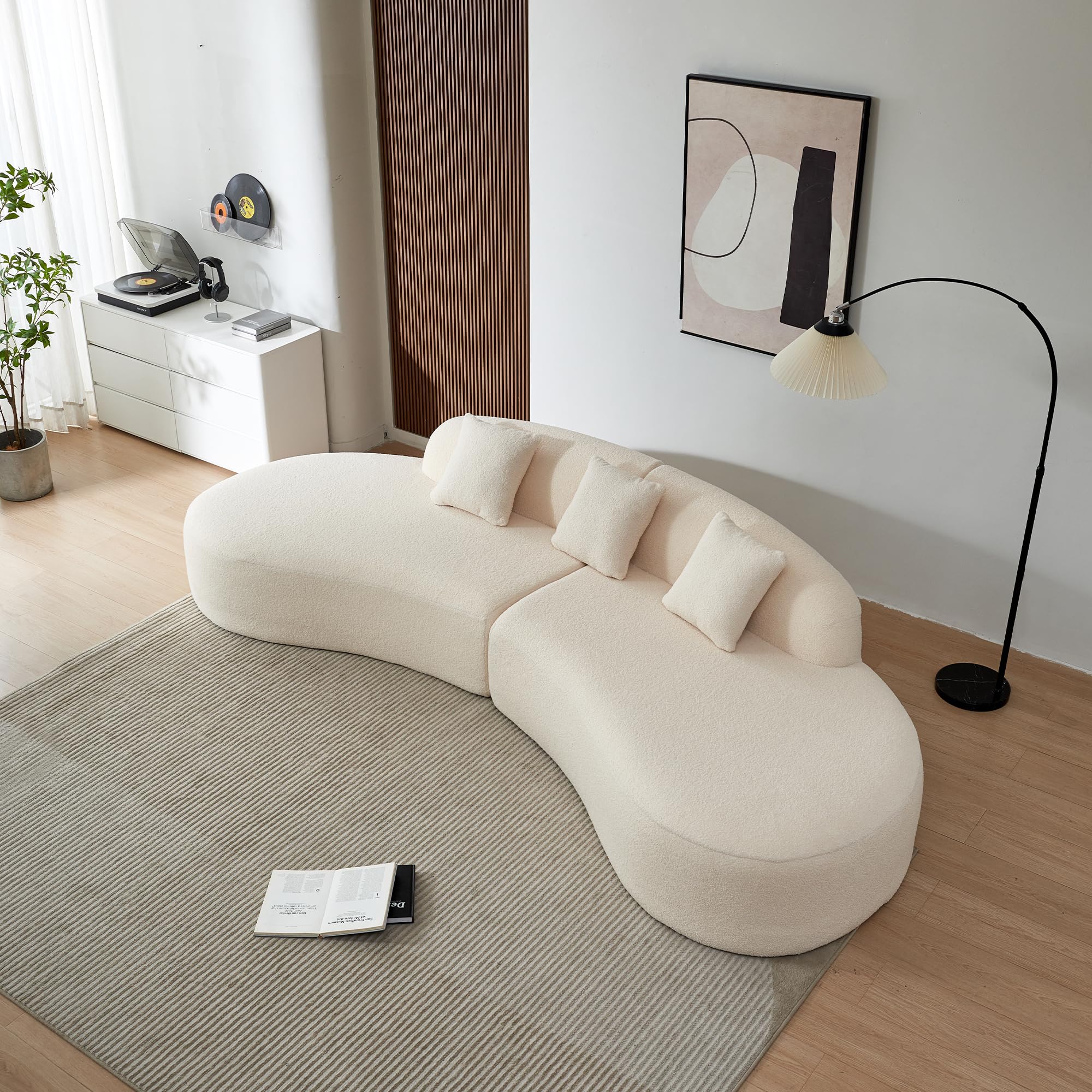 DAMAIFROM 119.29β Curved Sectional Sofa Couch, Comfy Sherpa Fabric Modern Upholstered Cloud Sofa with 3 Pillow, Oversized Couch for Living Room, Bedroom, Apartment, Beige