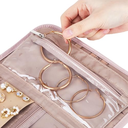 BELALIFE Travel Jewelry Case Organizer, Foldable Jewelry Storage Roll for Earrings, Necklaces, Rings, Bracelets, Brooches, Pink