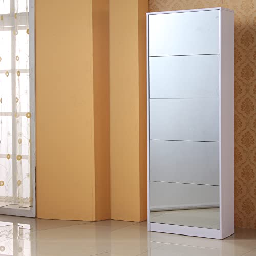 Organizedlife Mirror Shoe Cabinet, Wooden Shoe Organizer with 5 Tier, Full Length Mirror Shoe Rack,Shoe Cabinet for Entryway