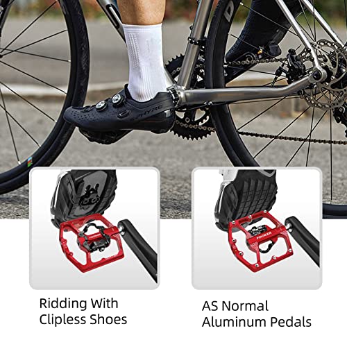 FOOKER MTB Mountain Bike Pedals, Dual Function Flat and Pedal,3 Sealed Bearing Flat Platform Compatible with Clipless Pedal Aluminum 9/16" Pedals with Cleats for Road Mountain BMX MTB