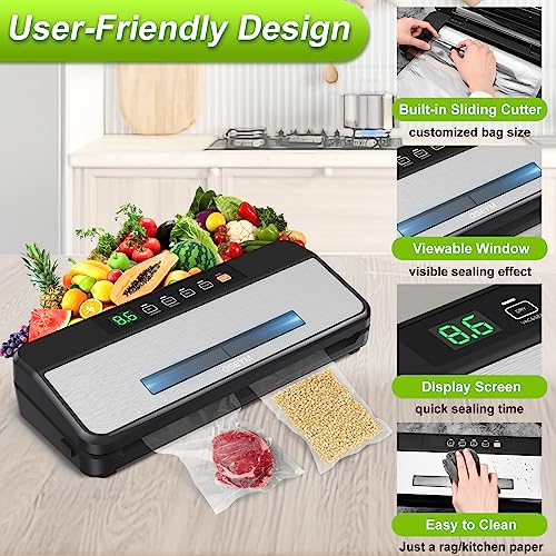 OSEYM Vacuum Sealer Machine, 80Kpa Automatic Food Sealer Machine, Food Sealers Vacuum Packing Machine with Cutter & Bags, Air Sealing System for Dry/Moist Modes, Sealing Time Display, LED Indicator Lights, Visible Sealing Affection