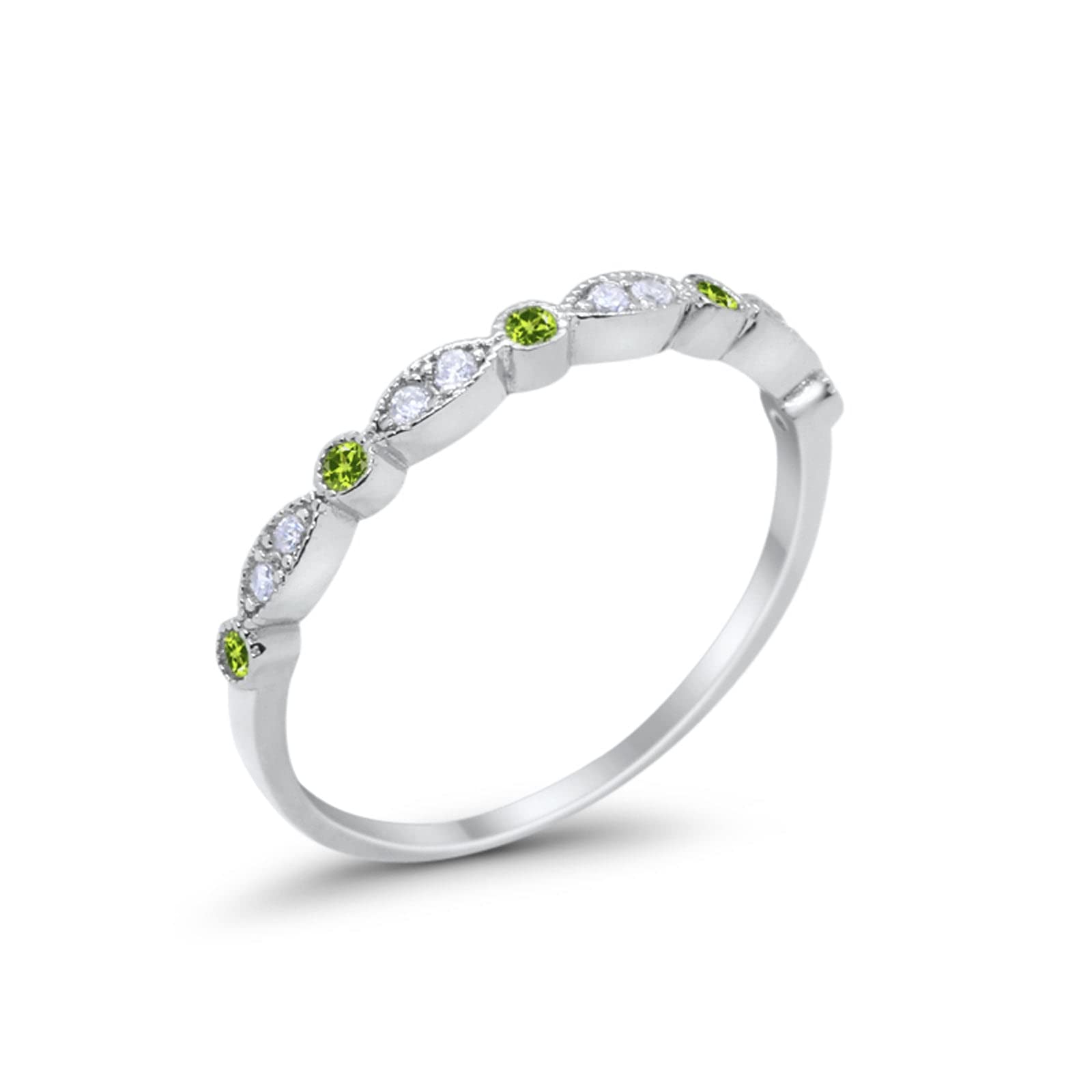 Blue Apple Co. 2mm Half Eternity Wedding Band Art Deco Design Round Simulated Peridot Cubic Zirconia 925 Sterling Silver Size-9