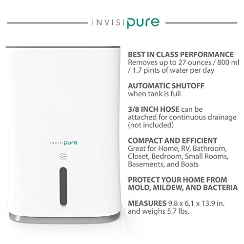 InvisiPure Hydrowave Dehumidifier - Small Compact Portable Dehumidifier for Home, RV, Bathroom, Closet, Bedroom, Small Room, Basement, Boat, Mold - Continuous Drain Hose Ready - Quiet Electric Peltier