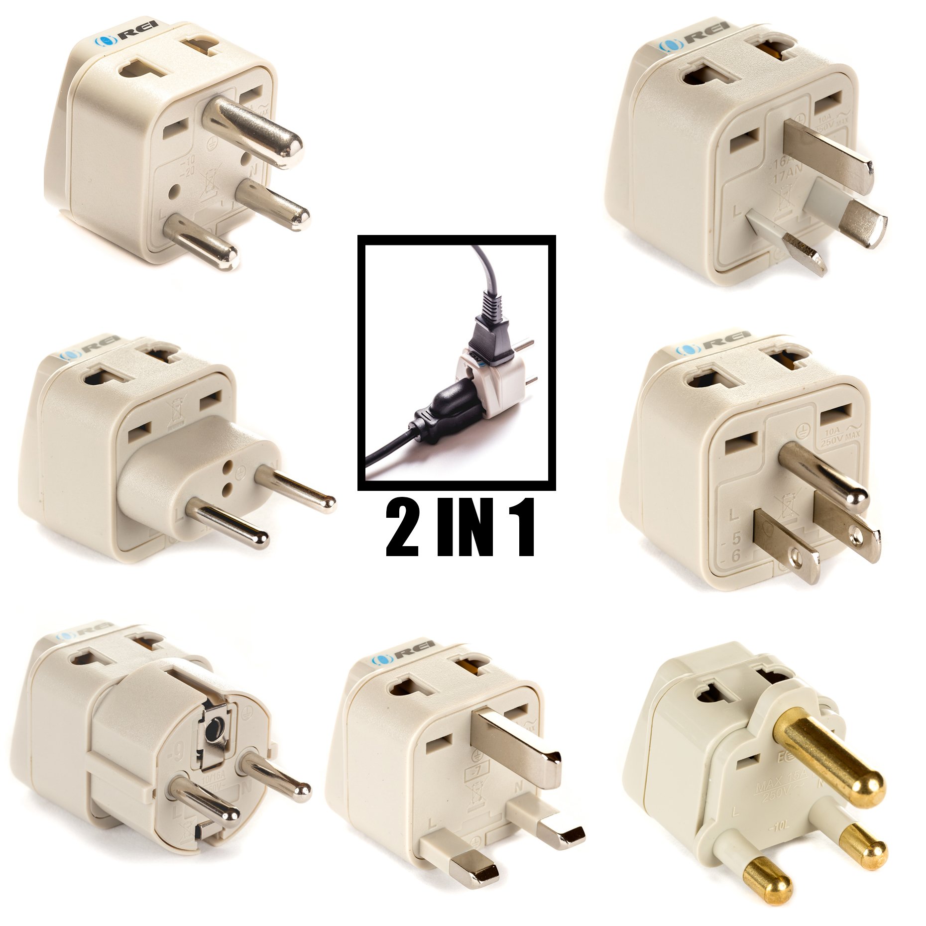 OREI 7 World Travel Adapter Plug Set Safe Grounded for Europe, Germany, Italy, S. Africa, China, Australia, UK, India and More