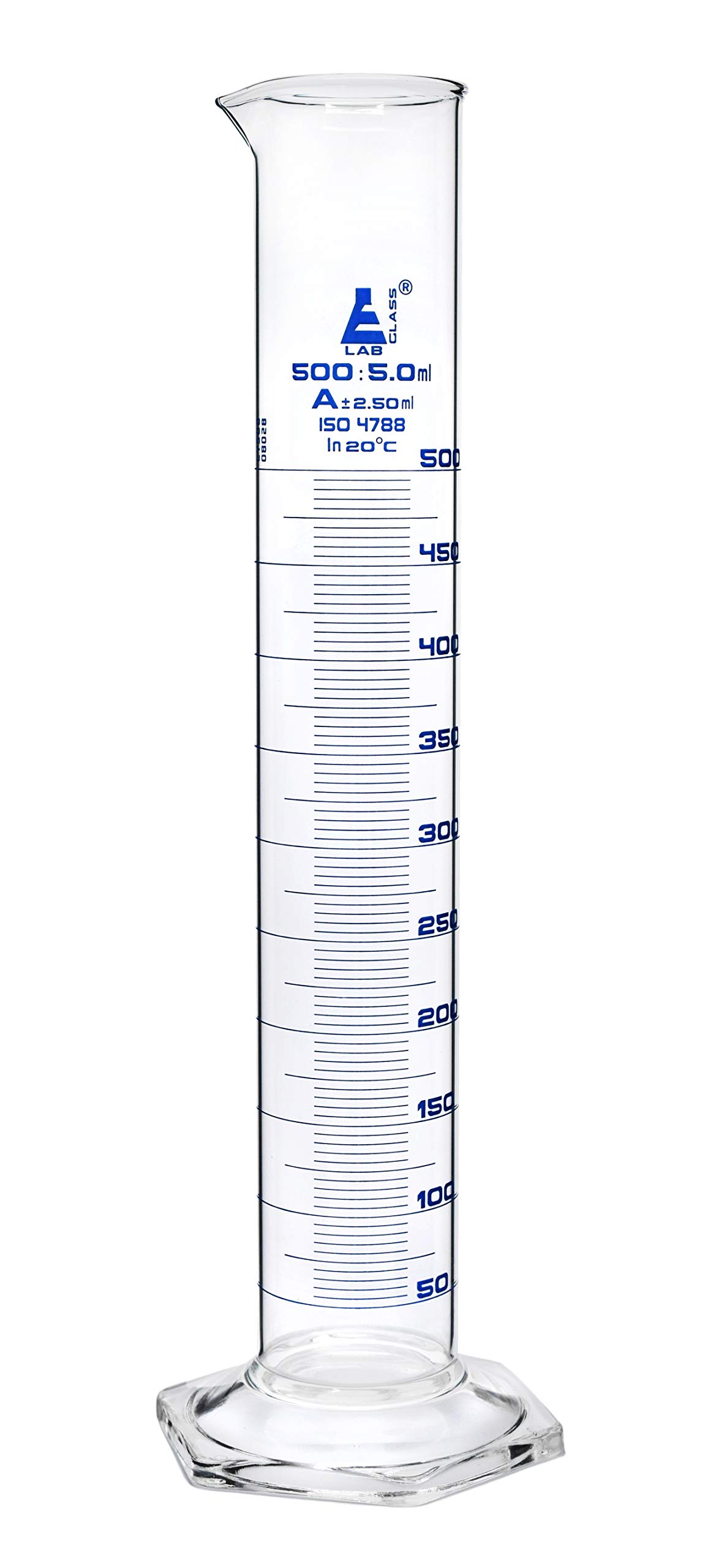 EISCO Graduated Cylinder, 500ml - Class A Tolerance ±2.50ml - Hexagonal Base - Blue Graduations - Borosilicate 3.3 Glass