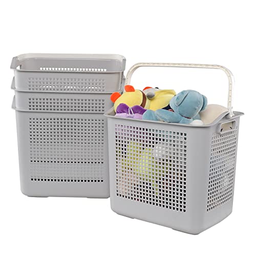 Easymanie 4 Pack 35 L Plastic Laundry Basket Clothes Hamper with Handle, Gray, F