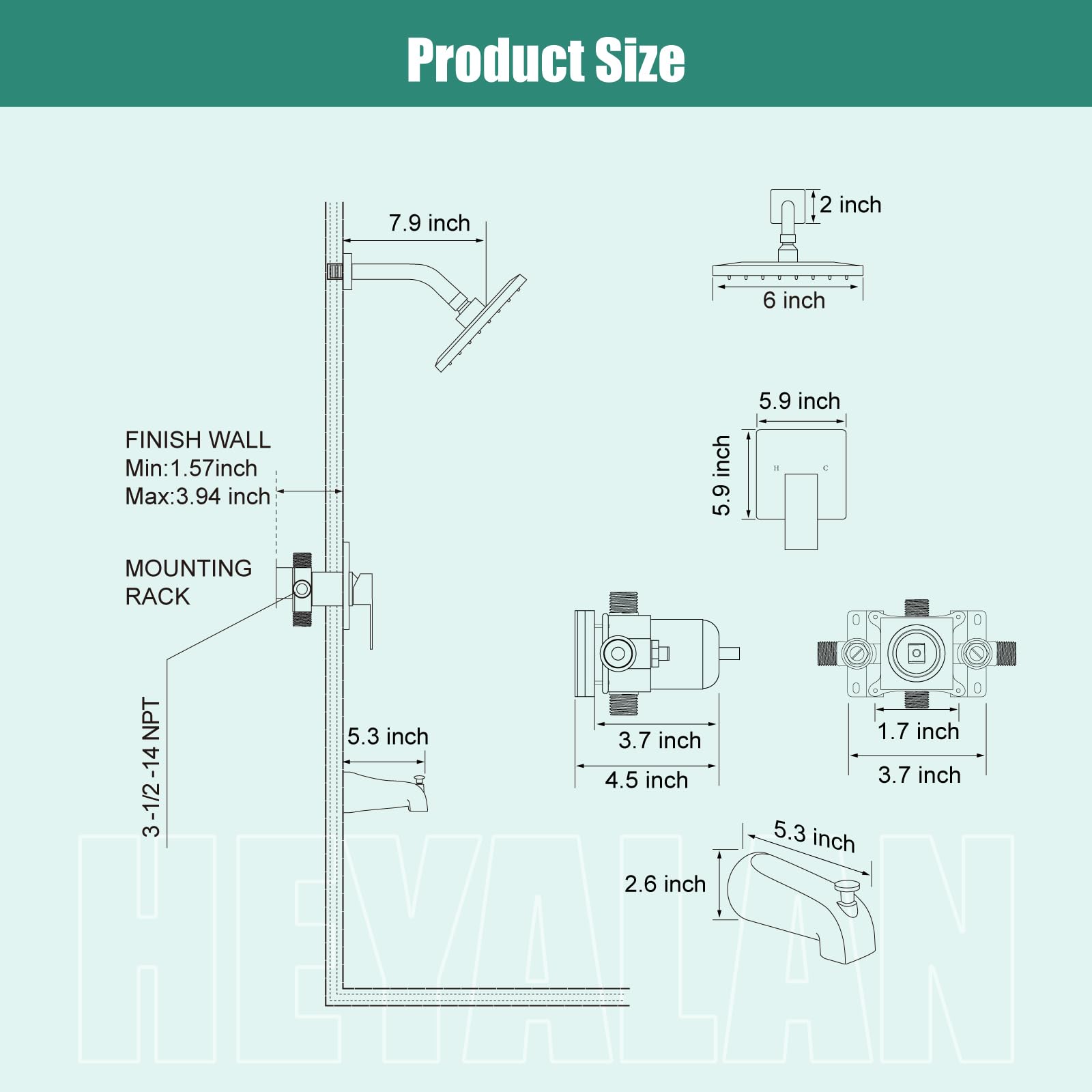 Heyalan Bathtub Shower Faucet Set,6 Inch Square Shower Trim Kit Single Handle Shower System,Showerhead and Handle Set Male Thread Pressure Balance Valve,With Tub Spout,Matte Black