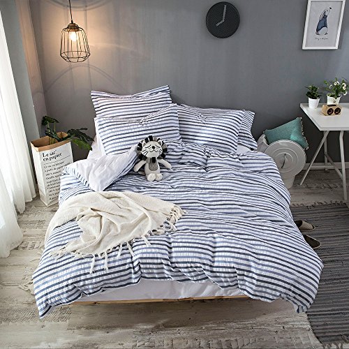 Merryfeel Seersucker Duvet Cover Set King,100% Cotton Woven Seersucker Stripe Bedding Set,3 Pieces (1 Comforter Cover with 2 Pilowwshams)- Blue King