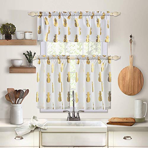 OREMILA Kitchen Curtains 36 Inch Tier Curtains for Living Room Pineapple Cafe Curtains for Bathroom Metallic Print Golden Pineapple Short Window Curtain Set Rod Pocket, 2 Panels