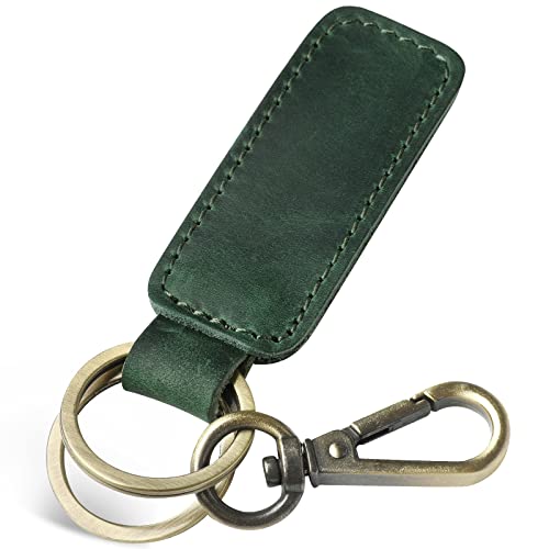 Jack&Chris Genuine Leather Car Keychain, Universal Key Fob Keychain, Leather Key Chain Holder for Men and Women, 2 Keyrings and Carabiner Clip, JC306-Green