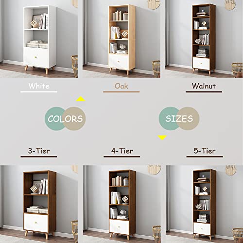 IOTXY 3-Tier Open Shelves Bookcase - 47" Height Modern Free Standing Wooden Cube Bookshelf with Storage Drawer and Legs, Walnut