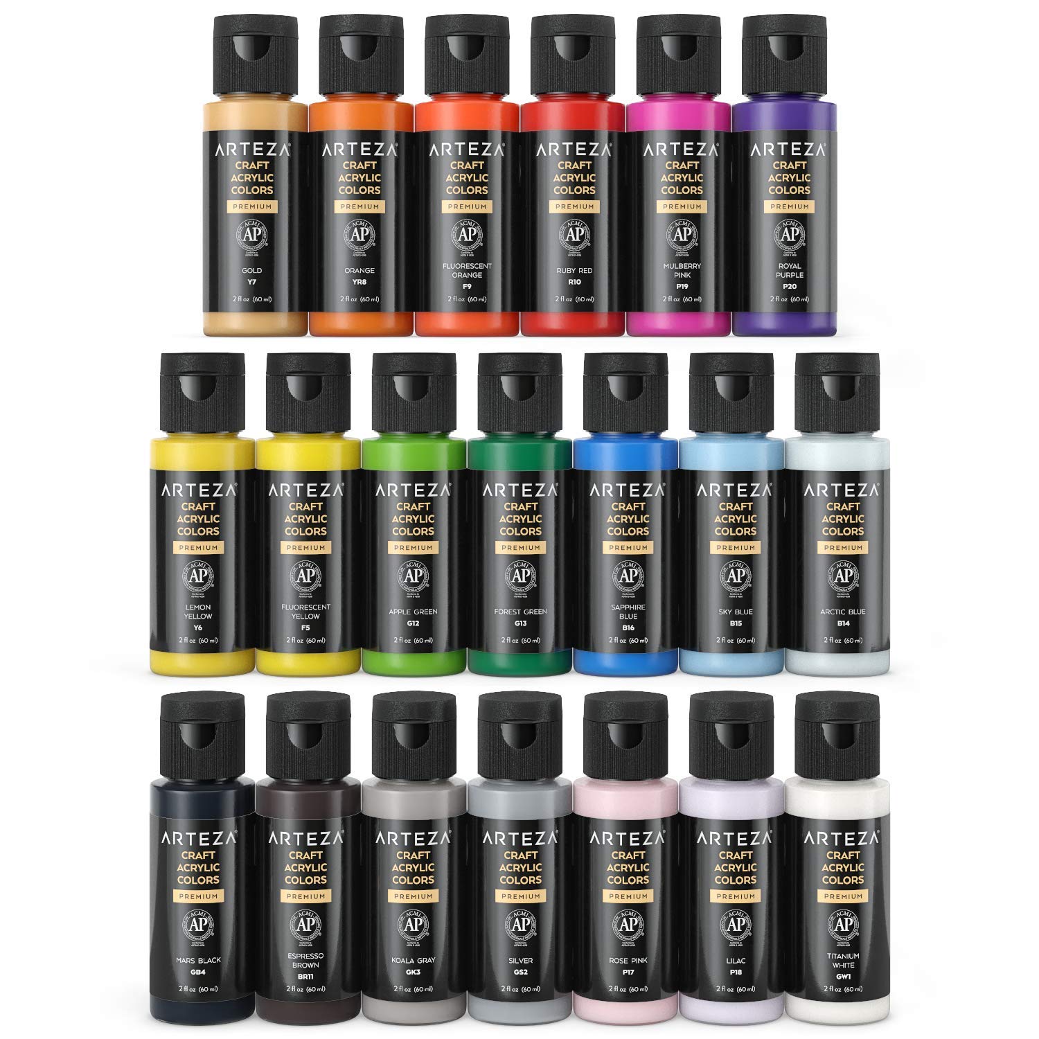 ARTEZA Craft Acrylic Paint, 2 ounce Bottles, Water-Based, Matte Finish Paints, Art Supplies for Glass, Wood, Ceramics, Fabrics, Leather, Paper
