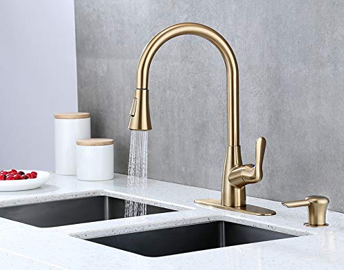 Derengge Brushed Gold Kitchen Faucet Single Handle Pull-Down Kitchen Sink Faucet with Soap Dispenser and Deck Plate, Faucet for Farmhouse, Camper, Laundry, Rv, Bar,KF-058DS-CS