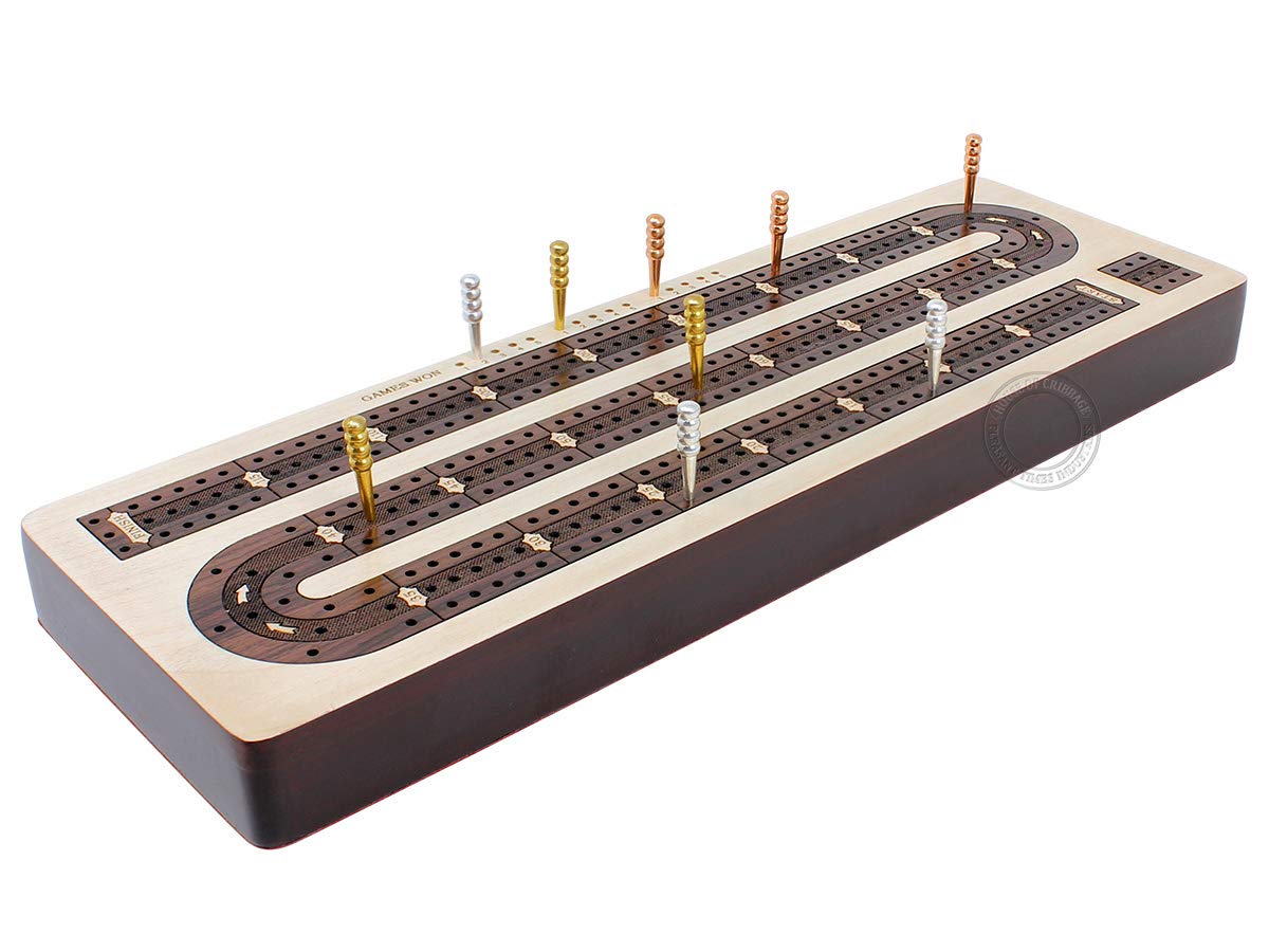 House of Cribbage - 3 Track Continuous Cribbage Board Inlaid in Rosewood - Maple Wood - Size: 12.5 Inches - Storage Drawer for Cribbage Pegs