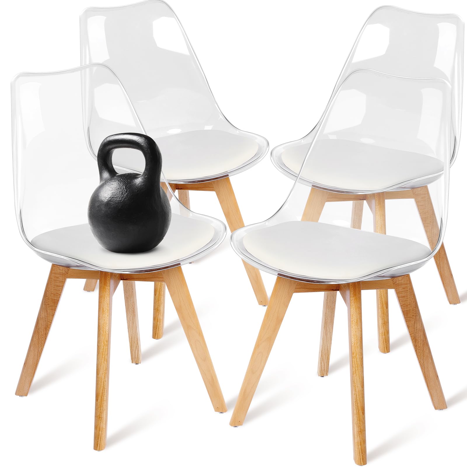 Barydat Clear Dining Chairs Set of 4, Modern Kitchen Acrylic Chairs Transparent Chair with PU Leather Seat Cushions and Solid Beech Legs for Banquet Living Room Bedroom and Office(Clear)