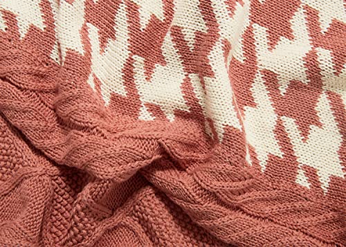 GunziStreet Luxurious Pure Cotton Knitting Throw Blanket Houndstooth Thousand-Bird Pattern Splicing Nordic Style Soft Warm Home Decor for Bed Couch Bedroom (Red Ruby, 51x63)