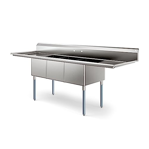 KoolMore 102 in. Three Compartment 18-Gauge Stainless-Steel Commercial Kitchen Sink, Bowl Size 18x24x14, with Three Basins for Washing and Rinsing Dishes with Two Drainboards (KM-SC182414-24B3)