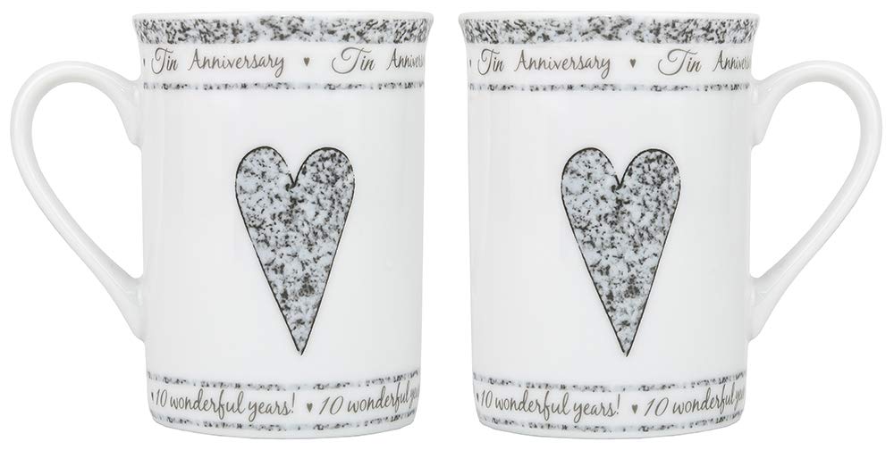 Beautifully Designed 10th Tin Wedding Anniversary Set of Ceramic Mugs with Hearts | Dishwasher and Microwave Safe with Decorative Keepsake Box