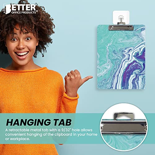 Fashion Clipboard, Abstract Art Design, Standard A4 Letter Size, 12.5" x 9", Wooden Clipboard, Low Profile Clip with Retractable Hanging Tab, Decorative Clipboard, by Better Office Products (Aqua)