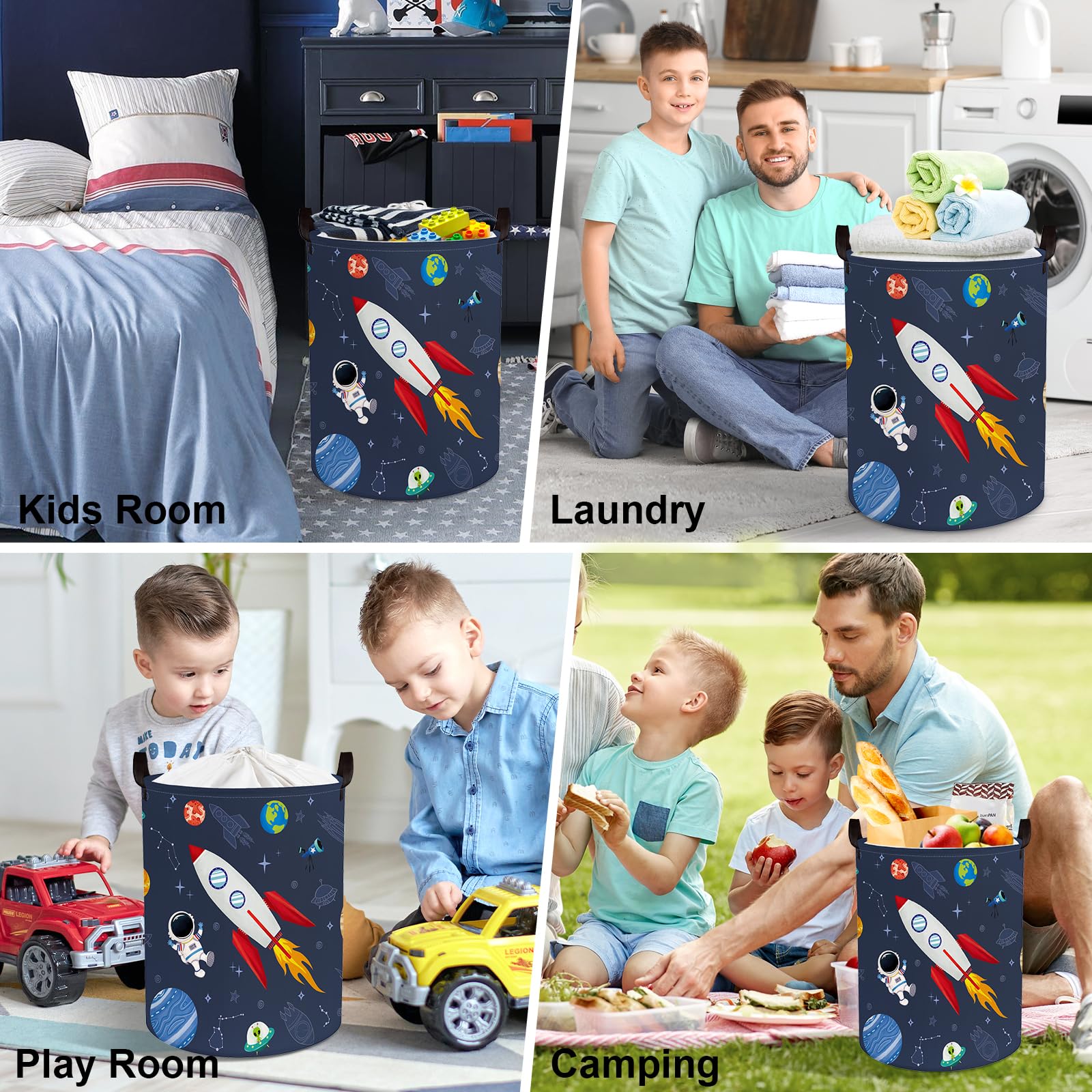 Clastyle 45L Rocket Astronaut Laundry Hamper for Bedroom Waterproof Collapsible Blue Universe Toys Storage Basket with Drawstring, 14.2 * 17.7 in