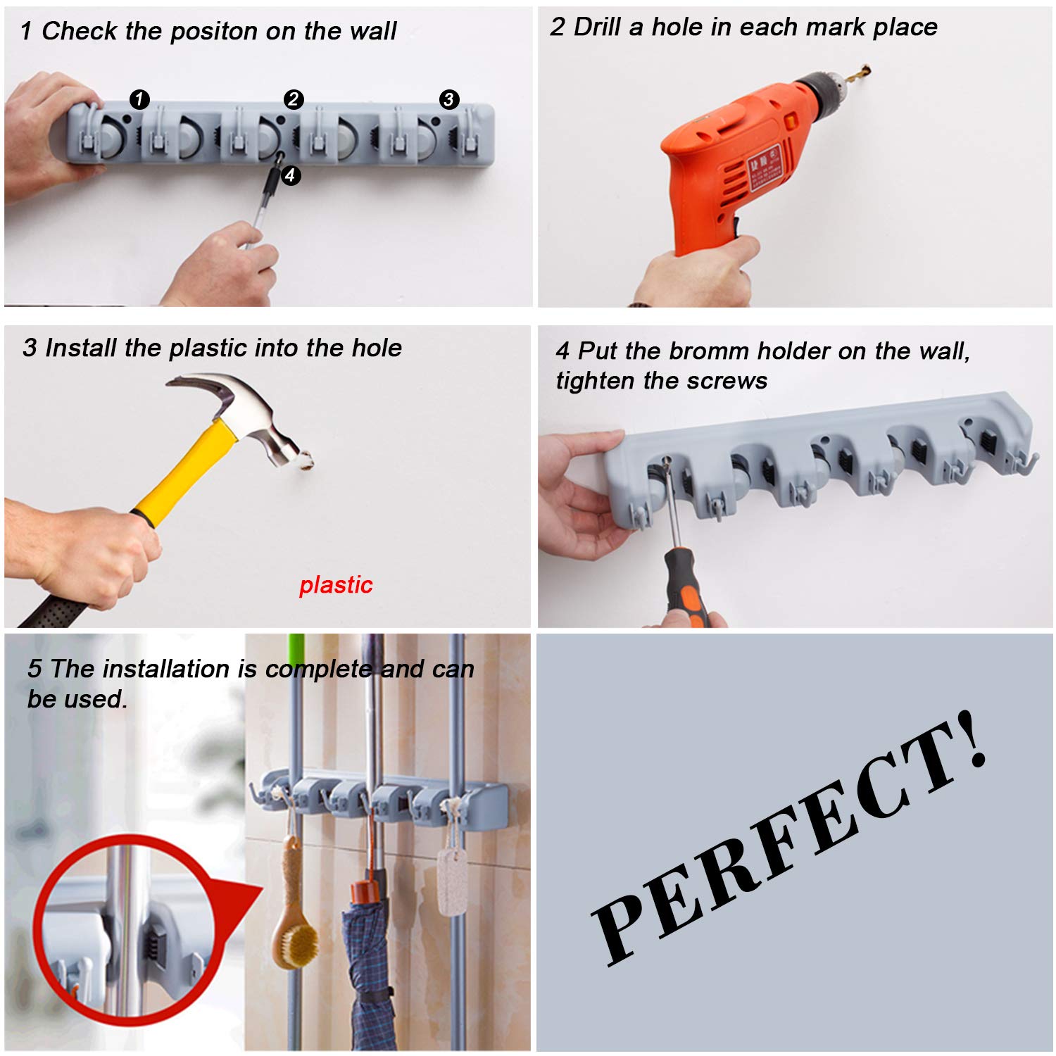 HYRIXDIRECT Broom Holder Wall Mount Broom Organizer Mop Holder Hanger Garden Tool Organizers Storage Rack Garage Laundry Room Organizations and Storage with Hooks Heavy Duty