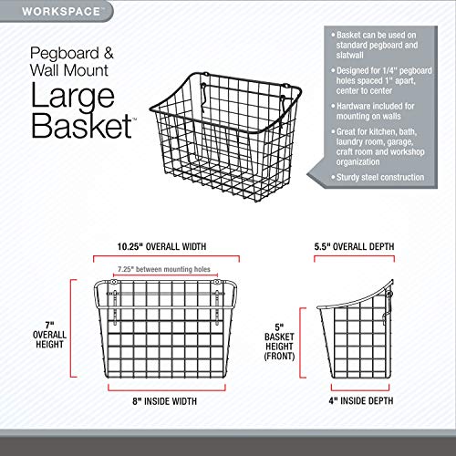 Spectrum Diversified 10" x 5" x 7" Pegboard & Wall Mount Basket, 10"L x 7"W, Industrial Gray