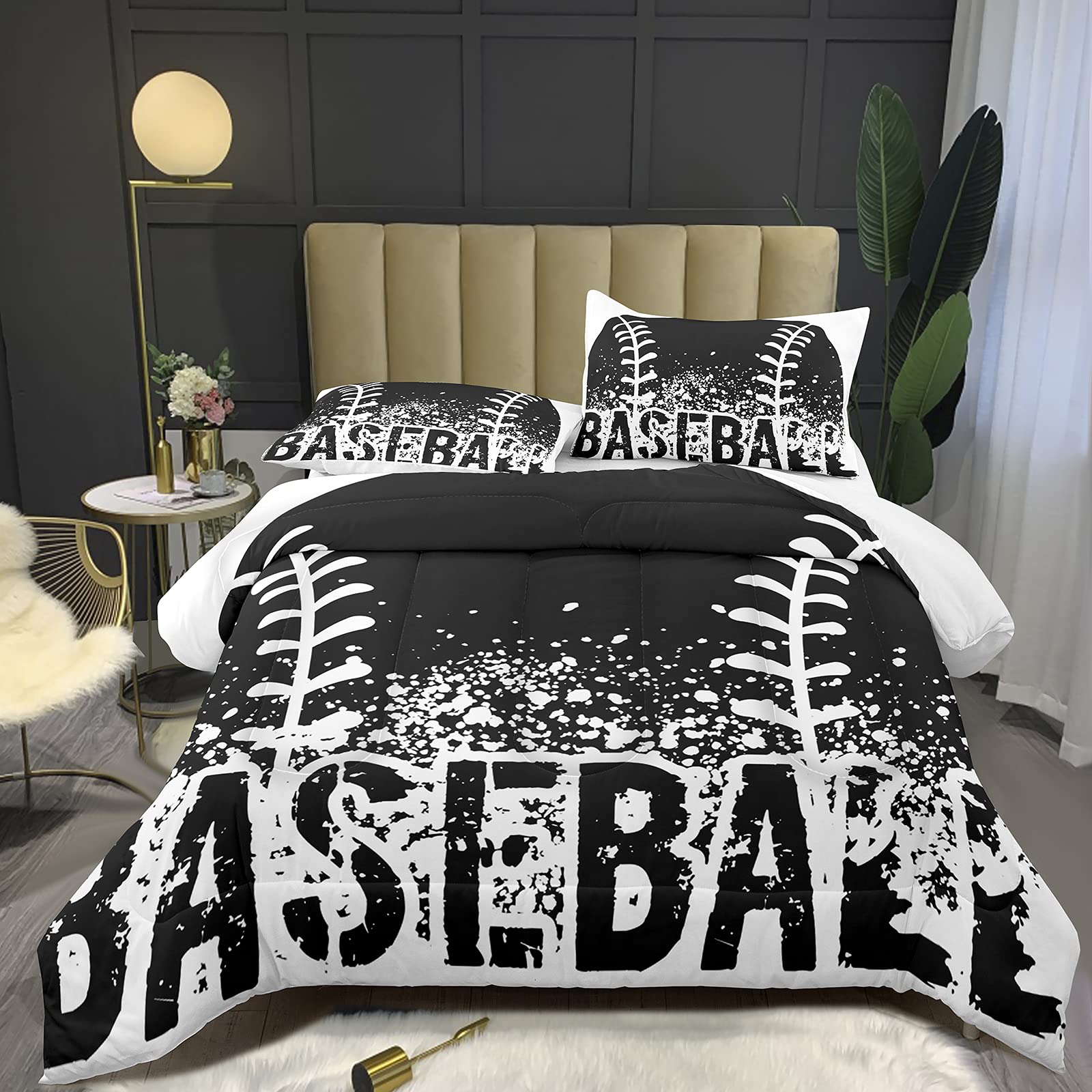 Bodhi Black and White Comforter Set,Sports Bedding Set for Boys Kids,Boys Baseball Bedding Full Size,Kids Comforter Set with Pillowcases,Teen Boys Bedding Set Full Size