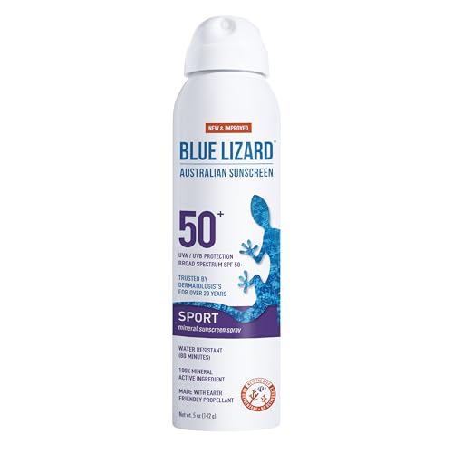 BLUE LIZARD Sport Mineral Sunscreen Spray SPF 50+, Dermatologist-Recommended Brand, Broad-Spectrum UVA/UVB Protection, Water-Resistant, Zinc Oxide Formula, Vegan, 5 fl oz