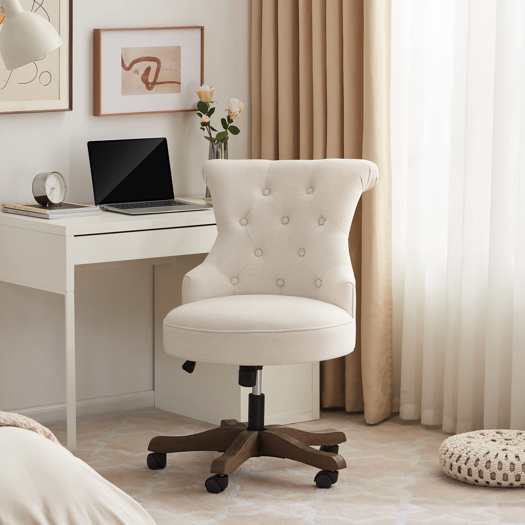 Batohom Home Office Chair Adjustable Height Swivel Chair with Wheels Linen Fabric Upholstered Computer Desk Chair with Wooden Legs Comfortable Armless Chair for Home Office Study Studio (Light Grey)