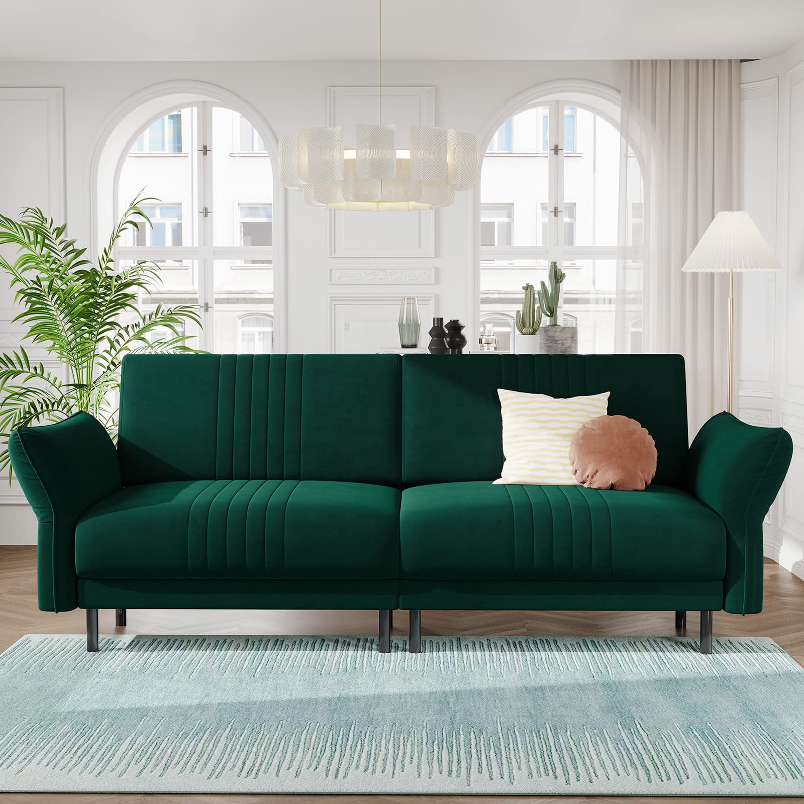 Belffin Velvet Futon Sofa Bed Convertible Futon Couch Split Back Upholstered Modern Sleeper Sofa Emerald Green