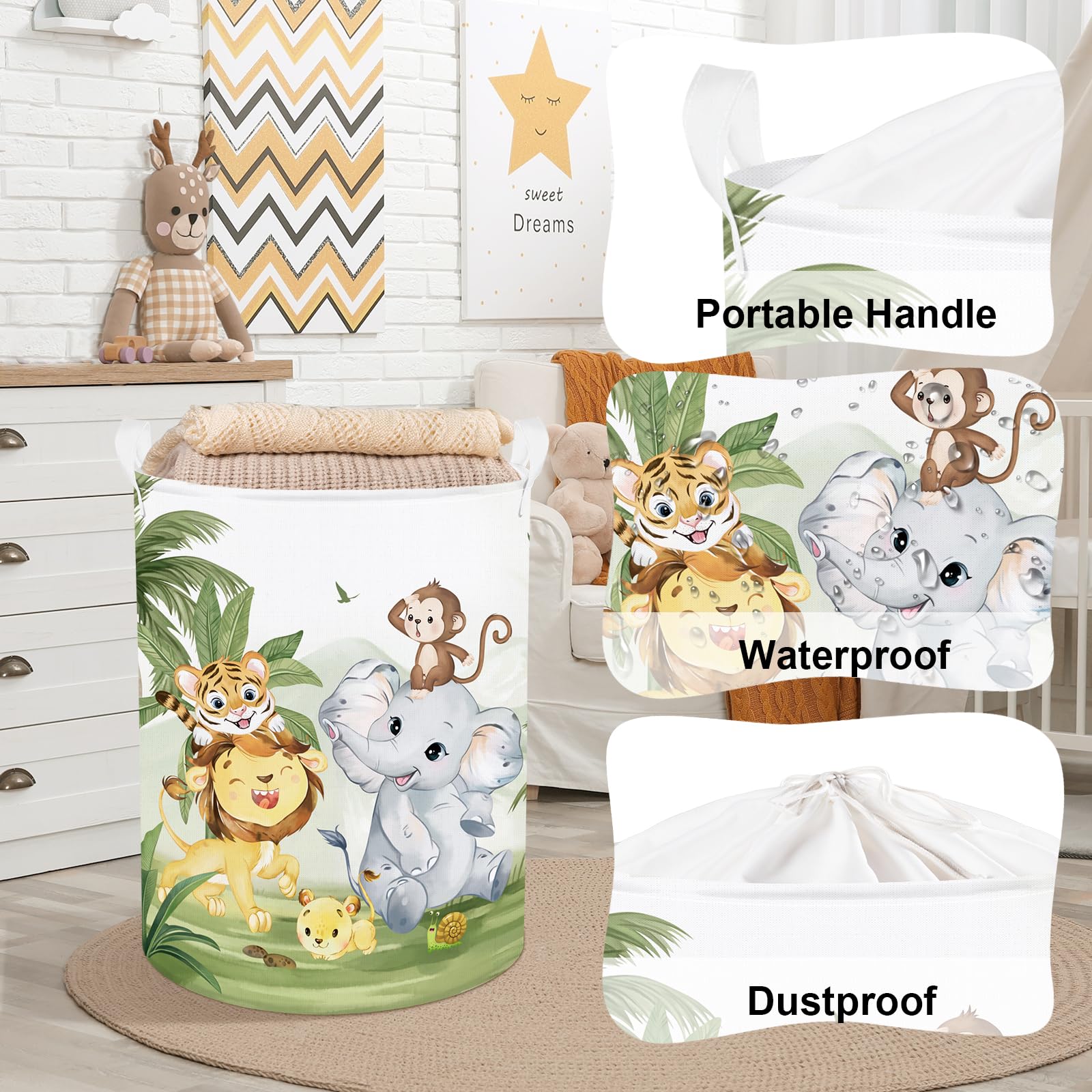 Clastyle 63L Large Rainforest Animals Kid Laundry Hamper with Handle Boy Girl Bedroom Bathroom Nursery Clothes Toy Storage Basket with Lid