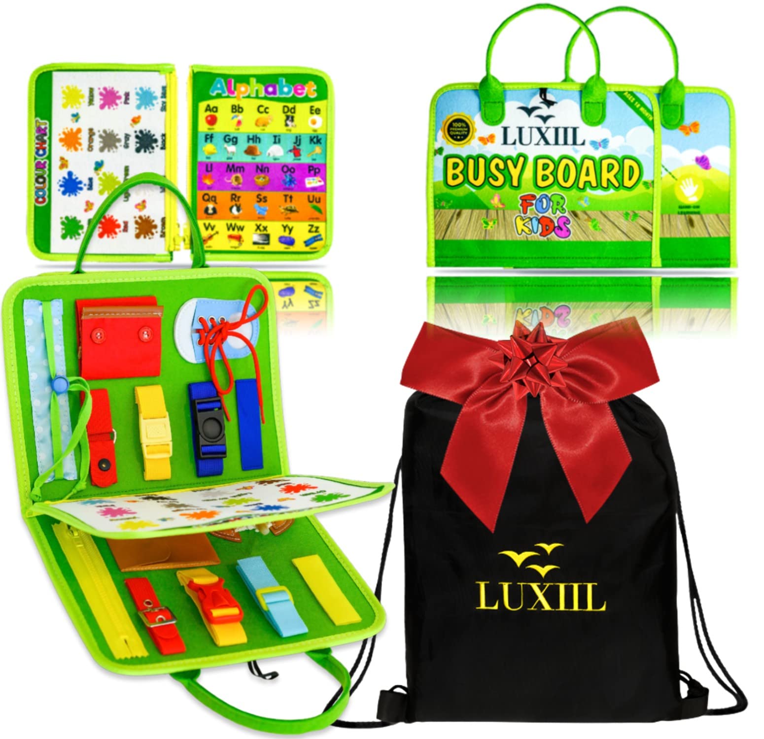 LUXIIL Busy Board Montessori Toys for Toddlers 3in1 Gifts for 1 2 3 4 5 Year Old Boys & Girls, Preschool Sensory Activity Boards Travel Boards Learning Basic Dress Skills Toys for Plane & Car (Green)