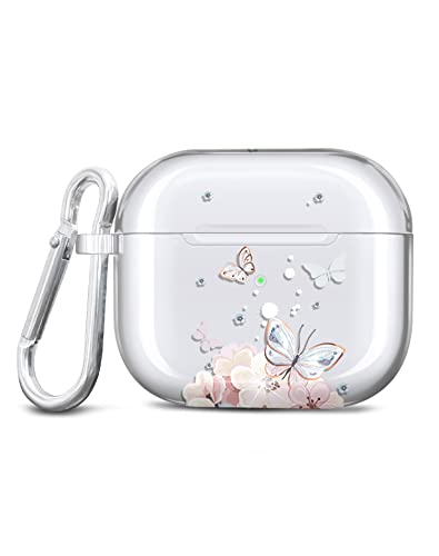 JAHOLAN AirPods 3 Case Clear Butterfly Case Cute Protective Soft Shockproof Cover with Keychain for Women Girls Compatible with AirPods 3rd Generation Wireless Charging Case - Butterfly Flower Pink