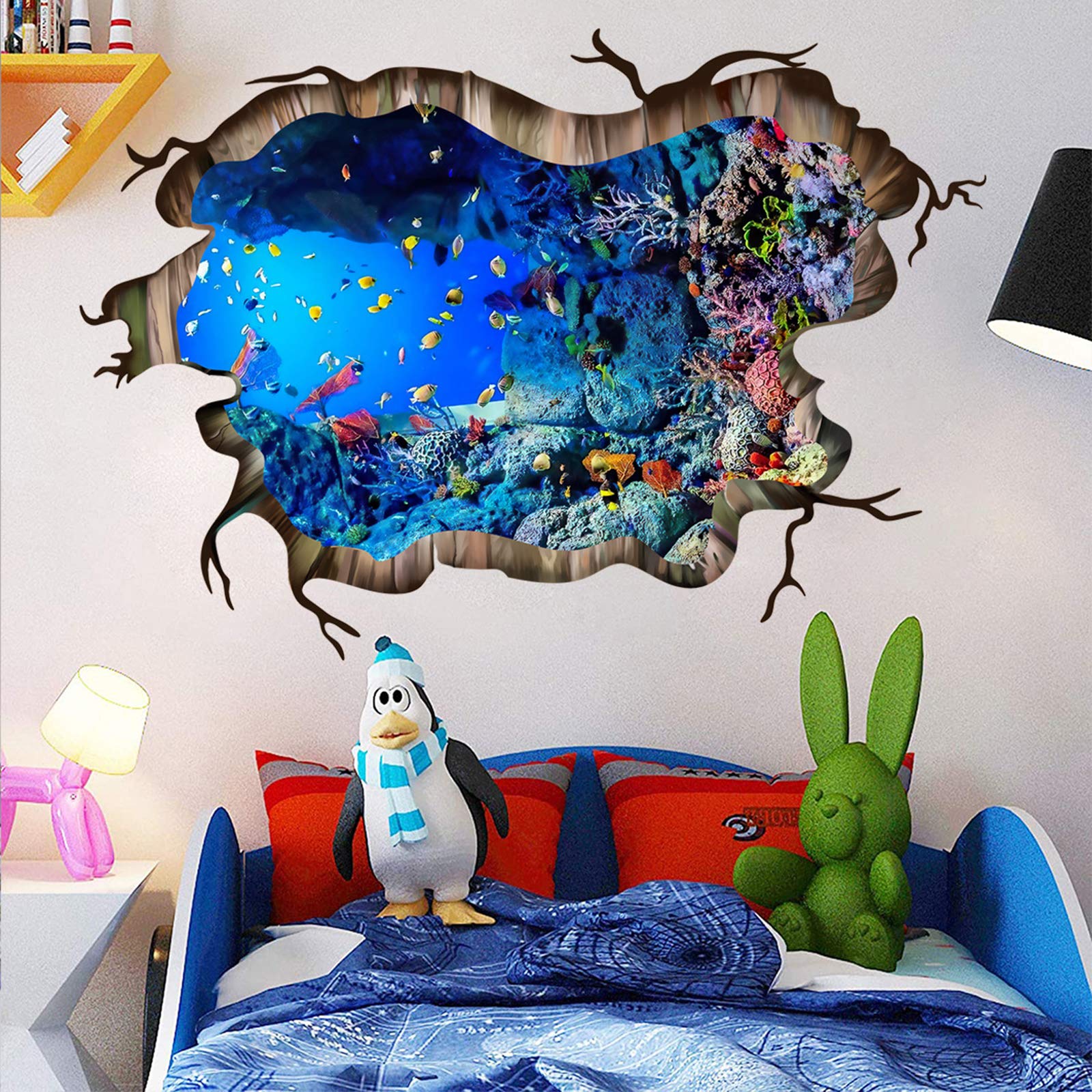 BOSUE SLLXG 3D Underwater World Wall Decal Home Floor Stickers Decor Vivid Fish Sea Turtle Broken Animals Art Wall Decal Under The Sea Bathroom Bedroom Decor Floor Sticker Nursery -80*120cm
