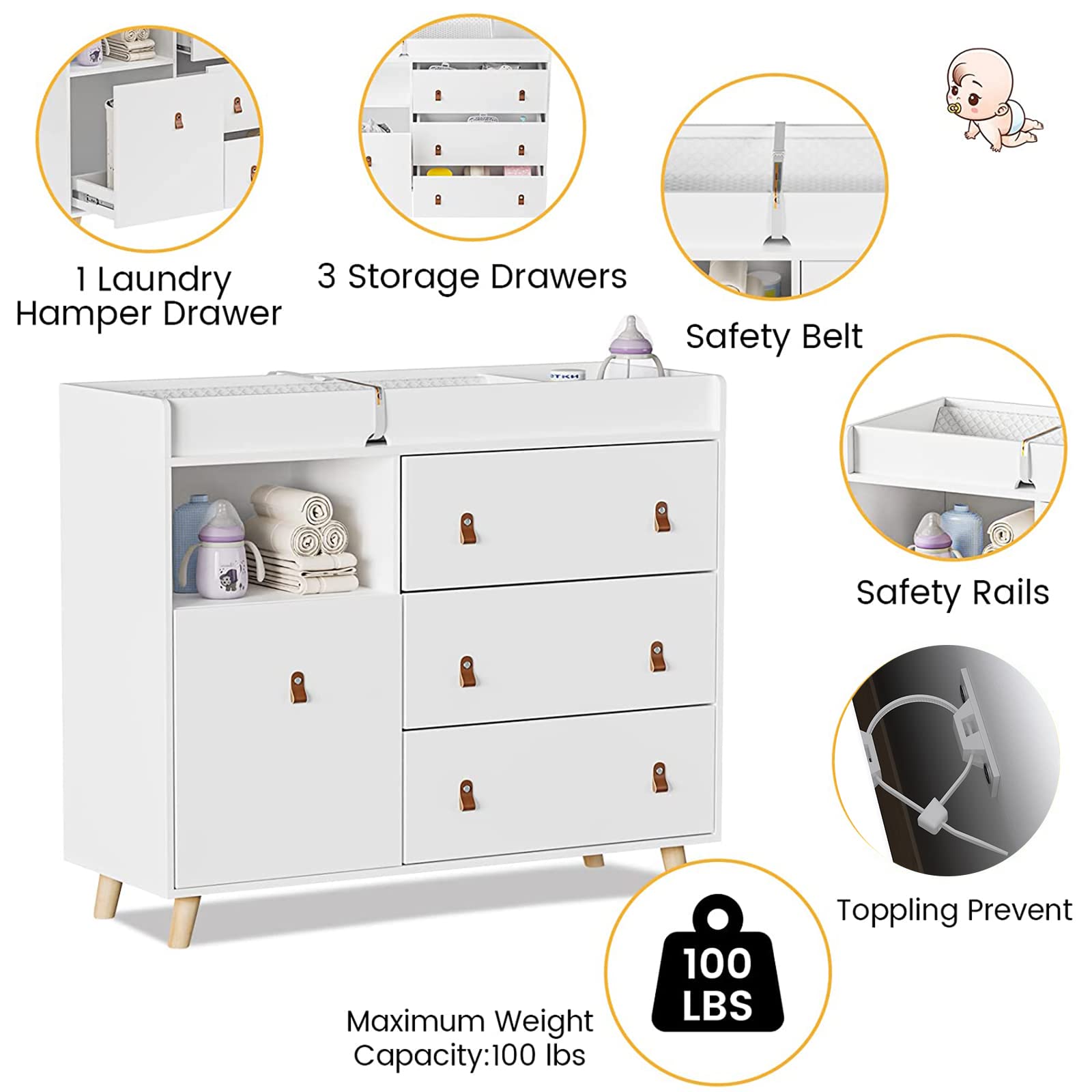 Baby Changing Table Dresser, Modern Nursery Dresser Chest Storage Changing Dresser with 3 Drawers & 1 Shelf, Diaper Changing Pad (White)