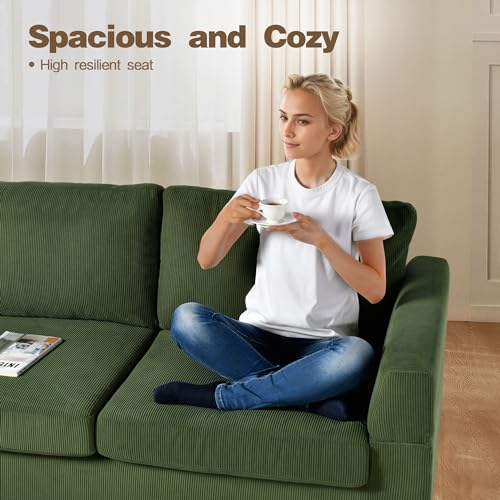 CAODOC 96" Sectional Sofa, Corduroy Fabric Modern Reversible Couch, L Shaped 3-Seat Sofa Couch with Chaise for Living Room, Green